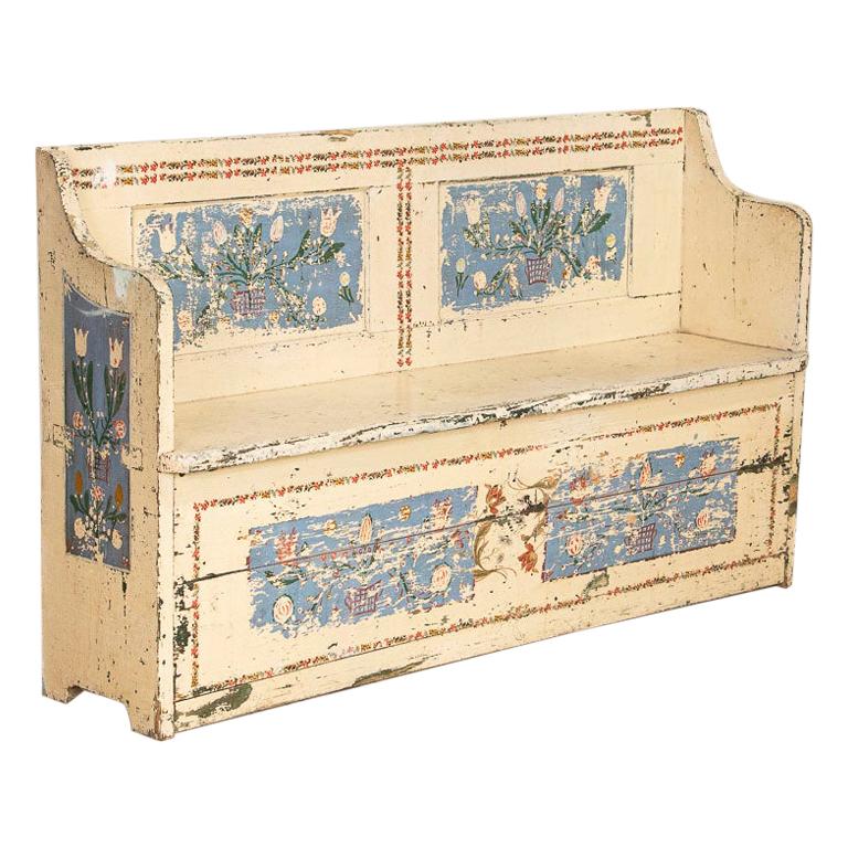 Antique Original Painted White Bench with Flowers, Hidden Storage under ...