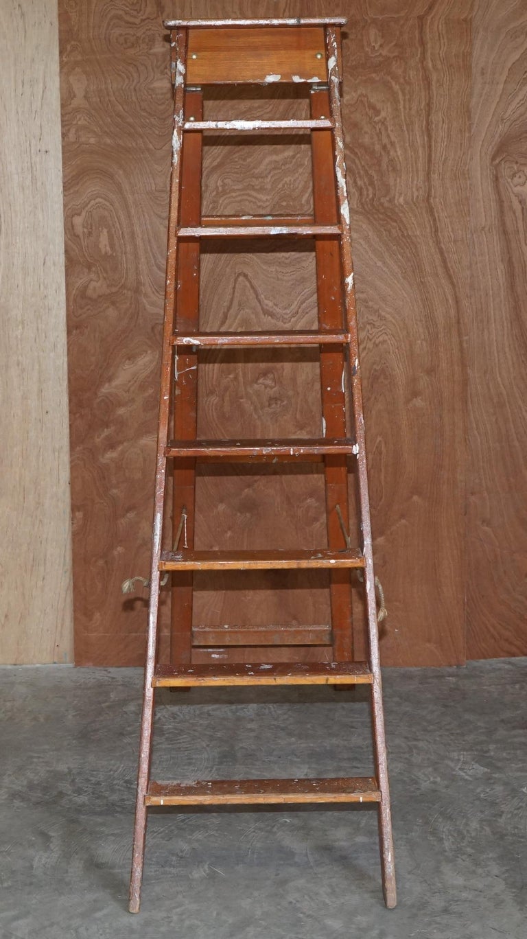 Antique Original Patina Painted Finish Red Tall Library Bookcase Steps ...