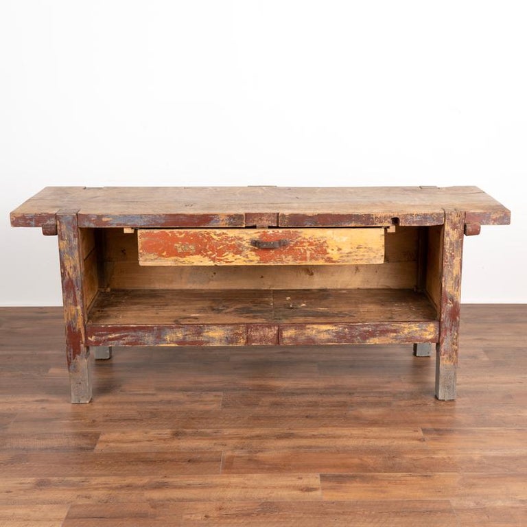 Antique Original Red and Gray Painted Work Table Rustic Kitchen Island ...