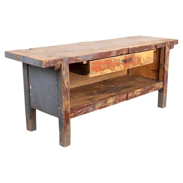 Antique Original Red and Gray Painted Work Table Rustic Kitchen Island With Draw For Sale at 1stDibs