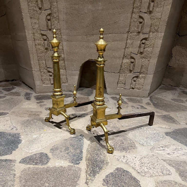 Antique Ornate Brass Fireplace Finial Andirons Classical Federal ...