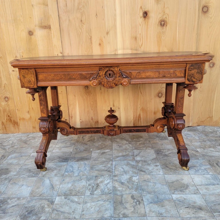 Antique Ornate Carved Eastlake Leather Top Writing Desk For Sale at 1stDibs