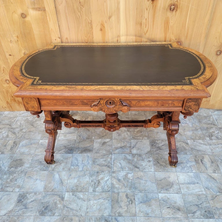 Antique Ornate Carved Eastlake Leather Top Writing Desk For Sale at 1stDibs