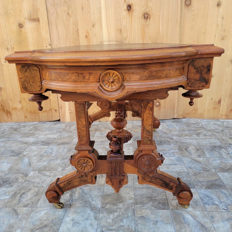 Antique Ornate Carved Eastlake Leather Top Writing Desk For Sale at 1stDibs