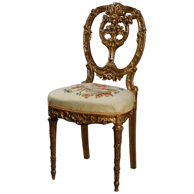 Antique Ornate French Louis XIV Carved Giltwood and Needlepoint Side ...