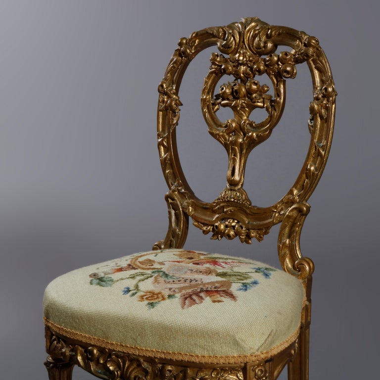 Antique Ornate French Louis XIV Carved Giltwood and Needlepoint Side ...