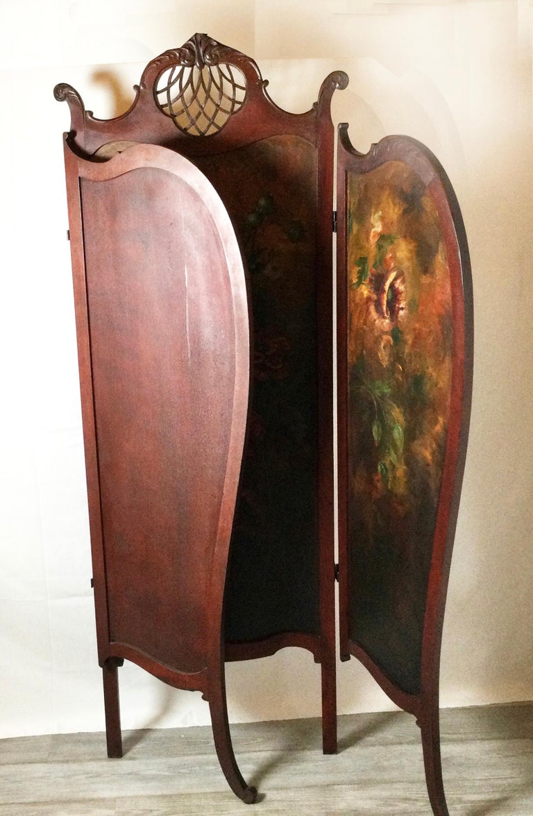 Antique Ornate Three-Panel Dressing Screen Art Nouveau For Sale at 1stDibs