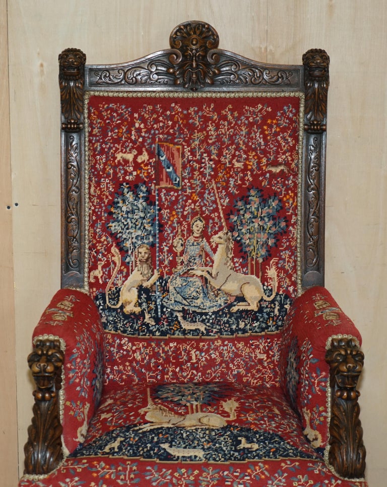 Antique Ornately Carved Lion Throne Armchair Armorial Embroidered ...