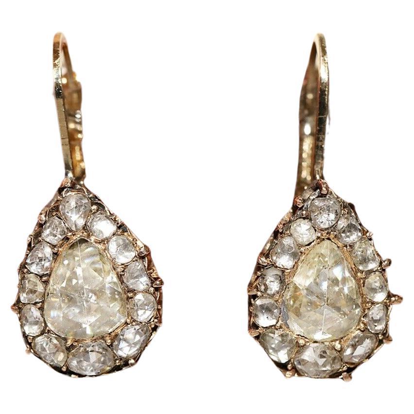 Antique Victorian Circa 1900s 8k Gold Natural Rose Cut Diamond Drop Earring For Sale at 1stDibs
