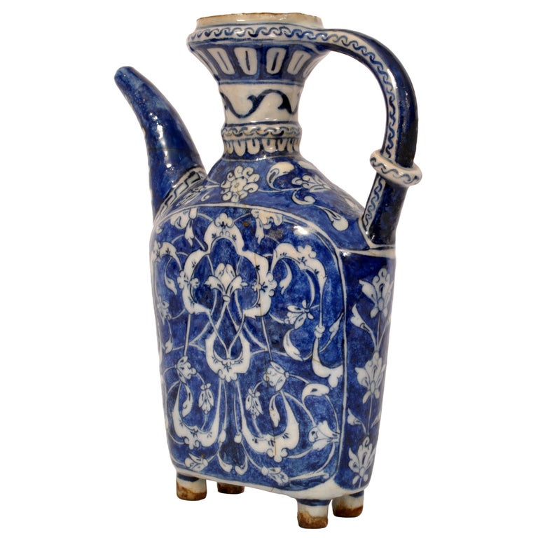 Antique Ottoman Islamic Blue and White Iznik Pottery Water Jug Ewer ...