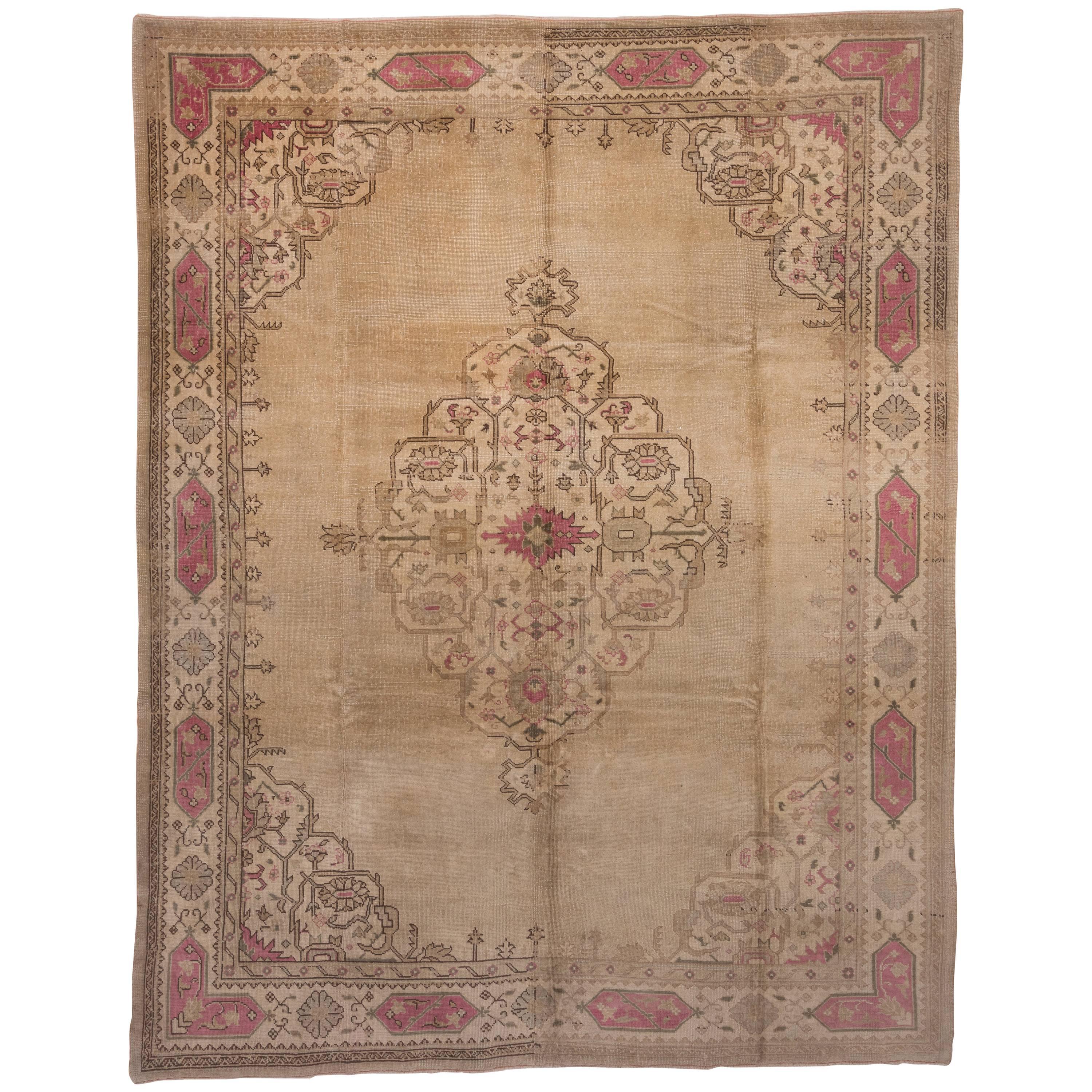 Antique Oushak Rug with Pink Accents at 1stDibs