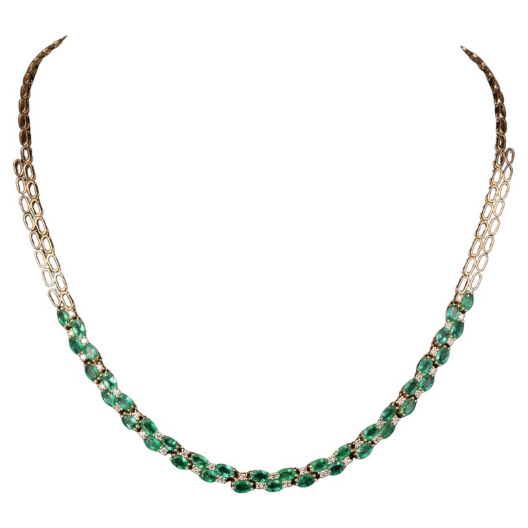 Antique Oval Cut Emerald Gold Necklace, Natural Emerald 18K Yellow Gold ...
