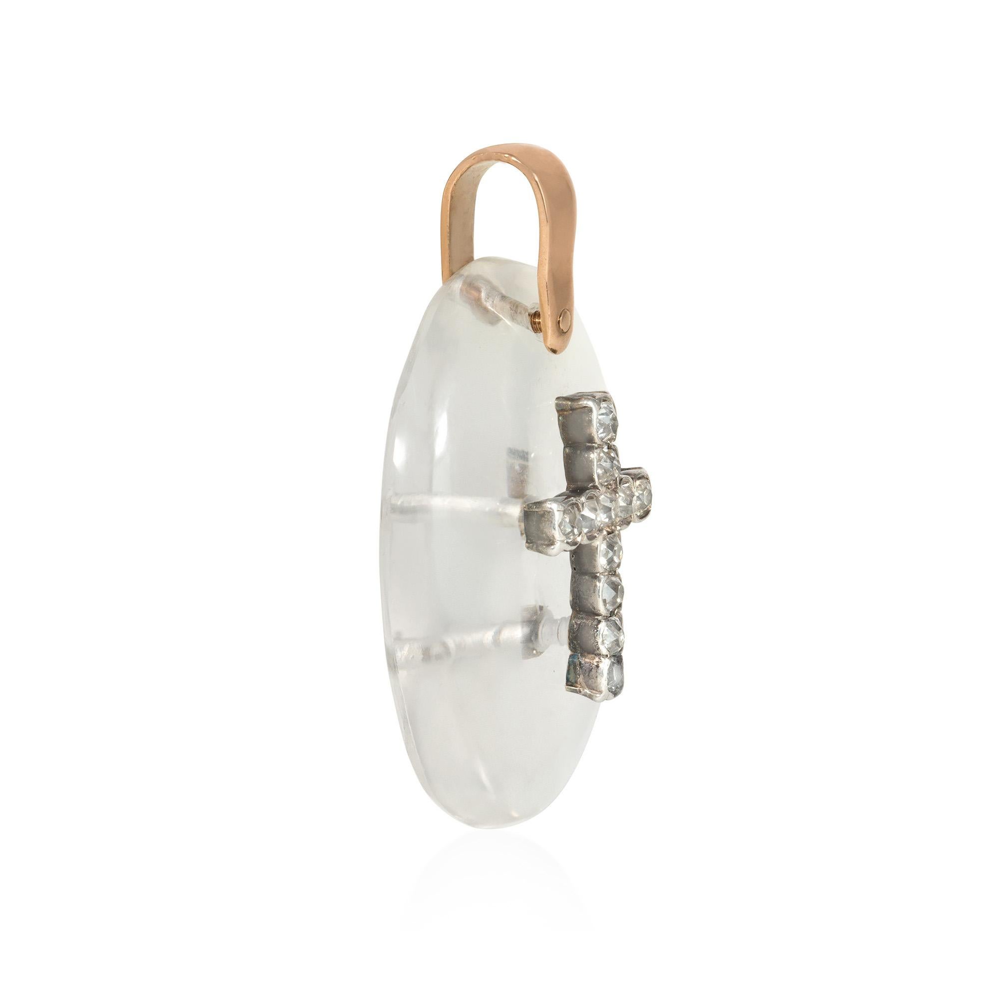 Antique Oval Rock Crystal Pendant with Diamond Cross and Gold Bail For ...