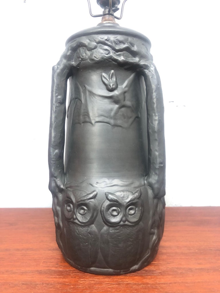 Antique Owls and Bats Black Pottery Table Lamp by L. Hjorth of Bornholm ...