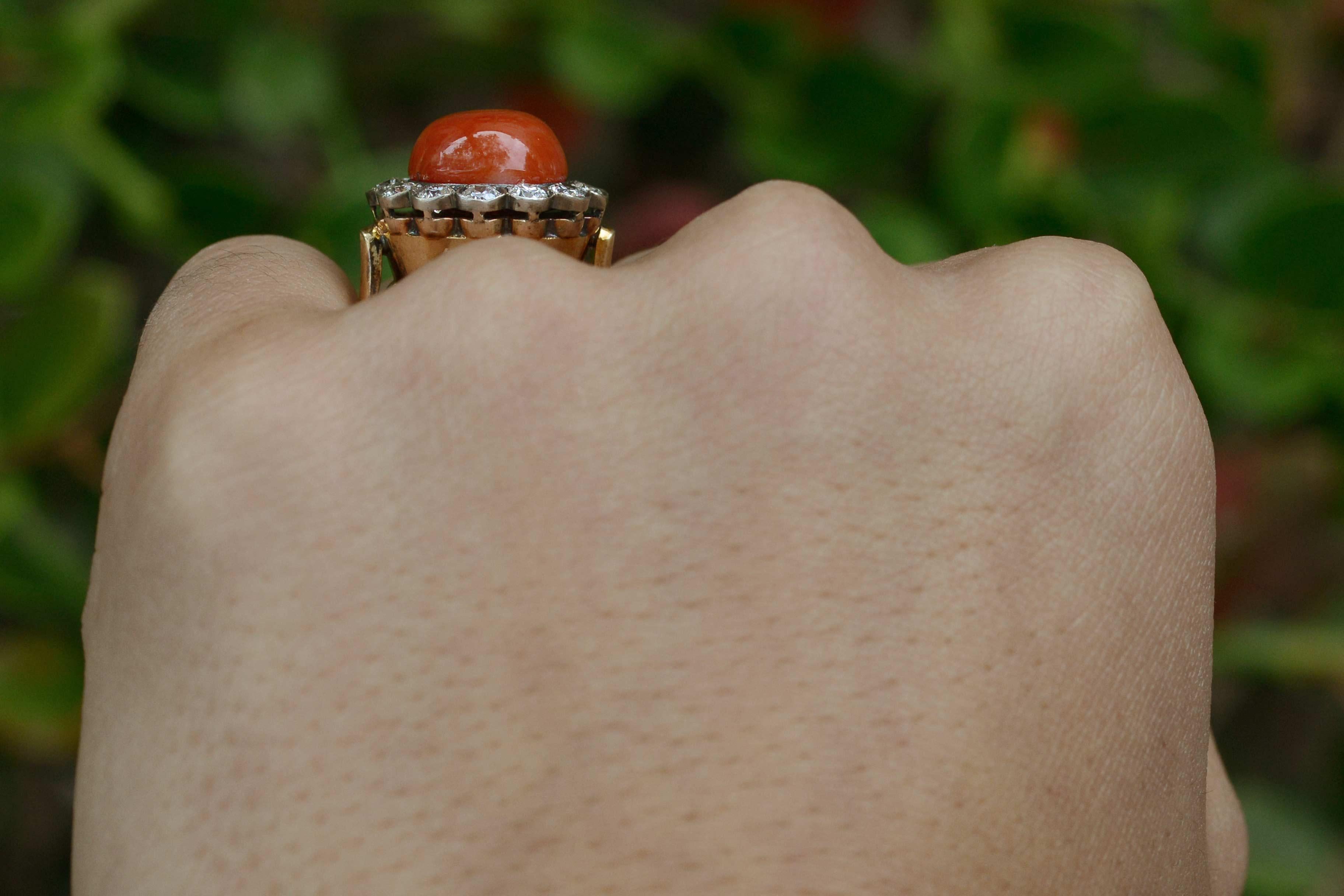 Antique Ox Blood Coral and Diamond Dome Cocktail Ring For Sale at ...