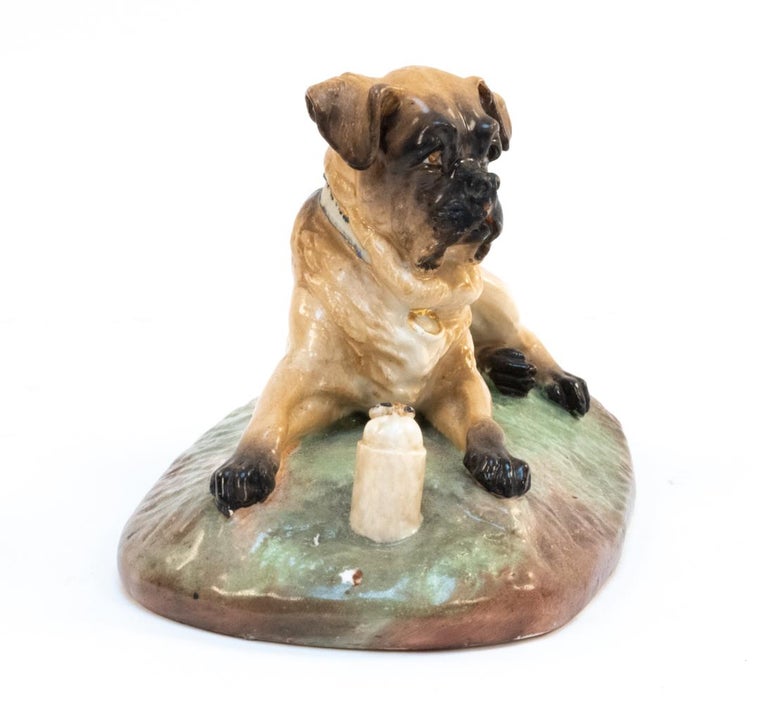 Antique Painted Porcelain Ceramic Mastiff Dog Figurine, Attributed to ...