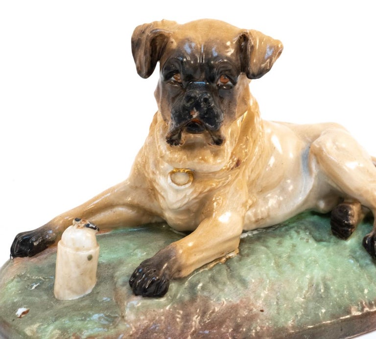 Antique Painted Porcelain Ceramic Mastiff Dog Figurine, Attributed to ...