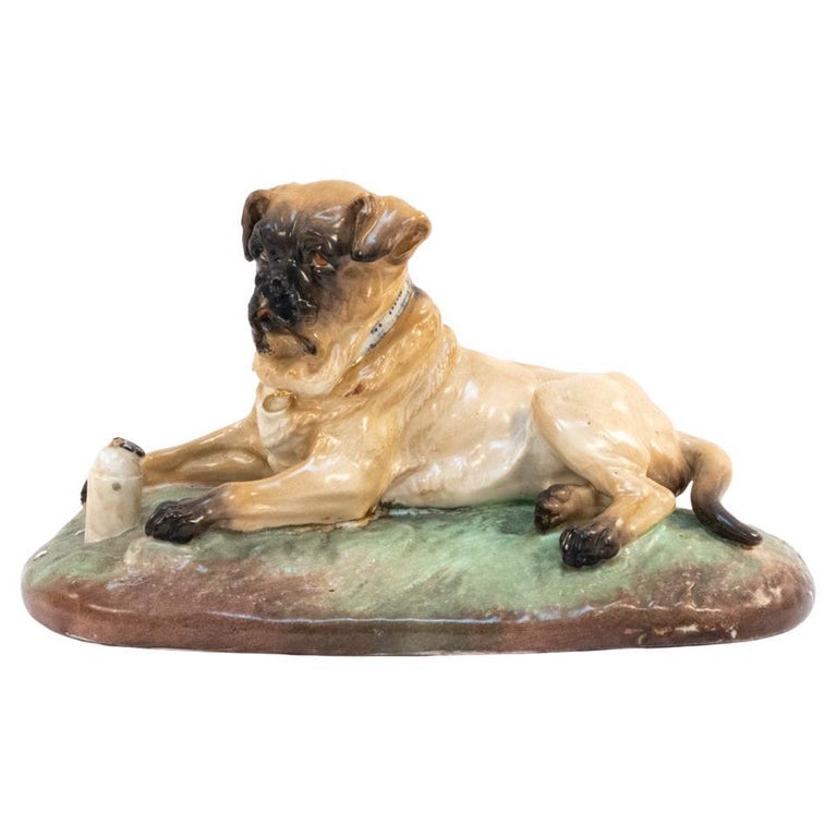 Antique Painted Porcelain Ceramic Mastiff Dog Figurine, Attributed to ...