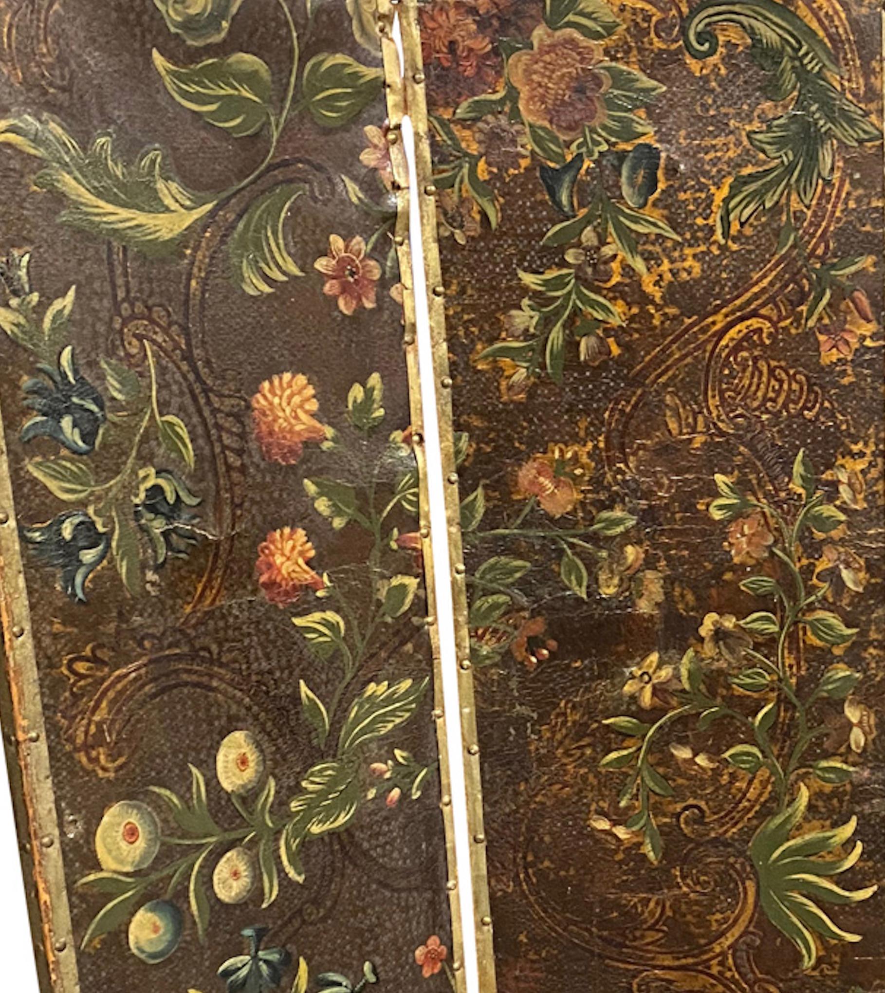 Antique Painted Tooled Leather Room Divider For Sale at 1stDibs