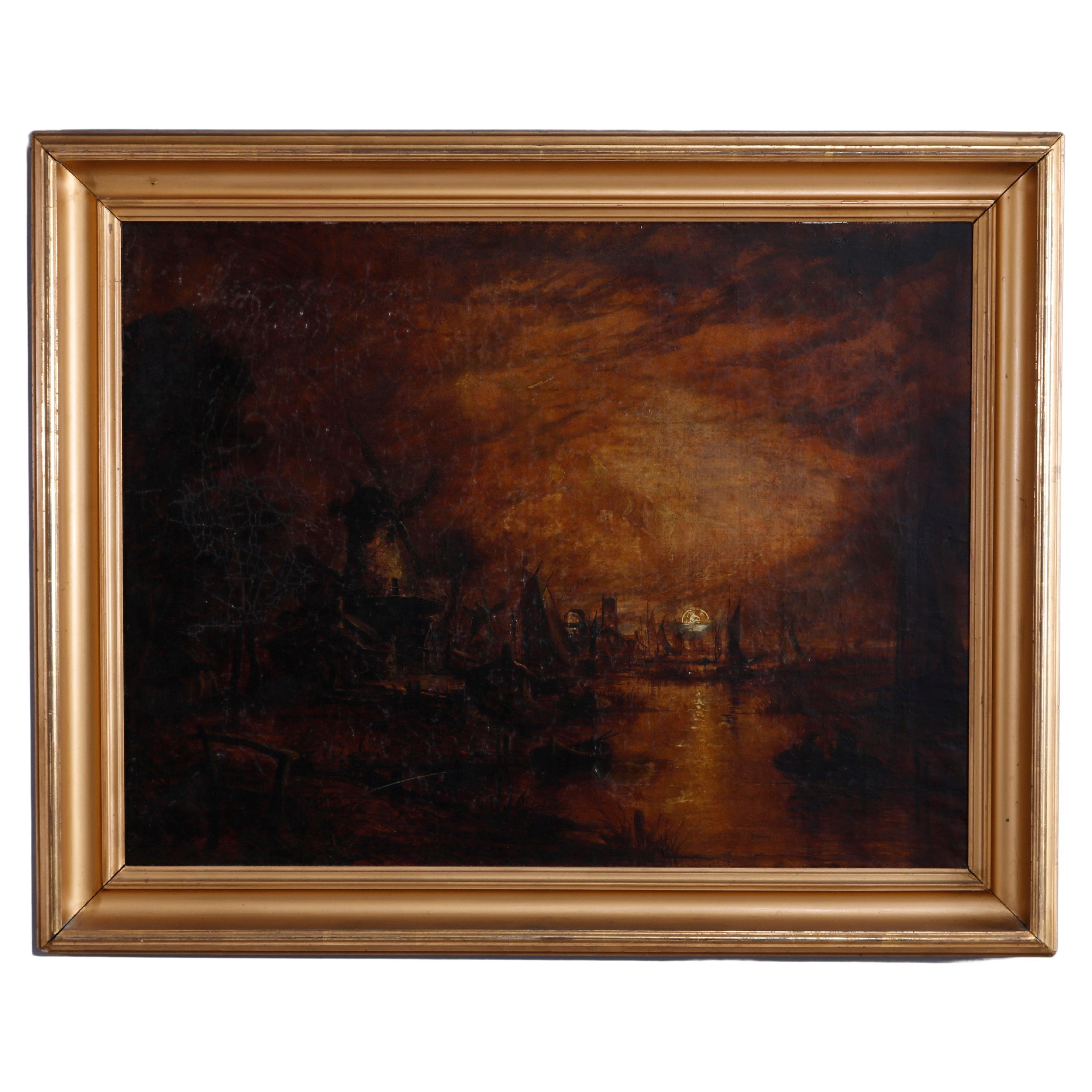European Maritime Oil on Canvas Painting of Colonial Harbor Scene 18th ...