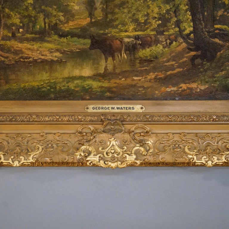 Antique Painting, Landscape with Stream, Cows and Figures, by George ...