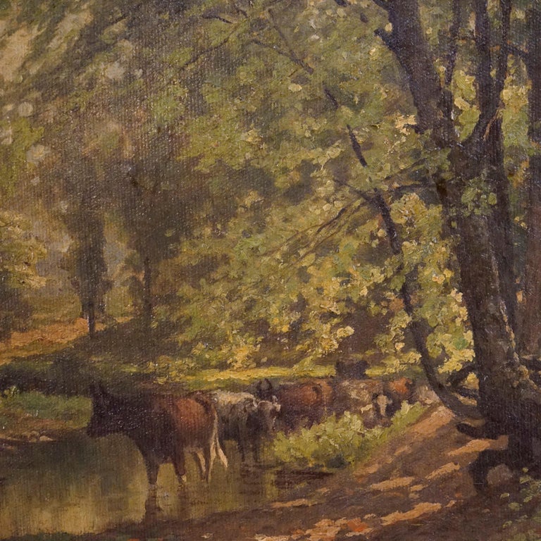 Antique Painting, Landscape with Stream, Cows and Figures, by George ...