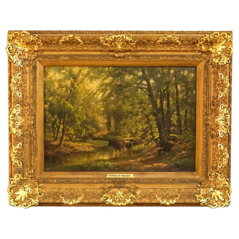 Antique Painting, Landscape with Stream, Cows and Figures, by George ...