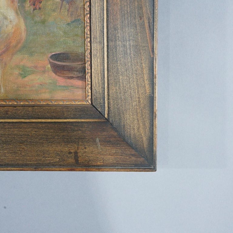 Antique Painting of Farm Scene with Barn Yard Rooster and Hens, Signed ...