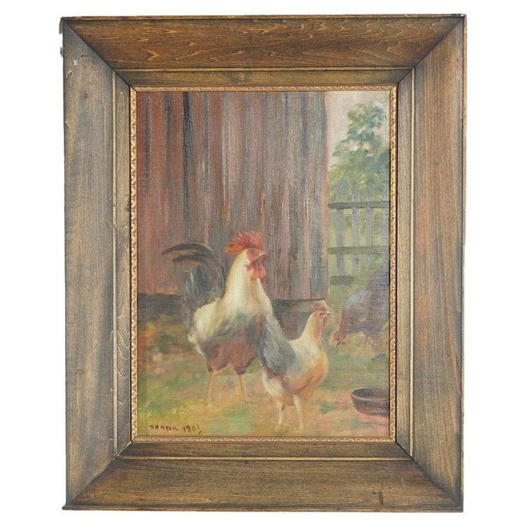 Antique Painting of Farm Scene with Barn Yard Rooster and Hens, Signed ...