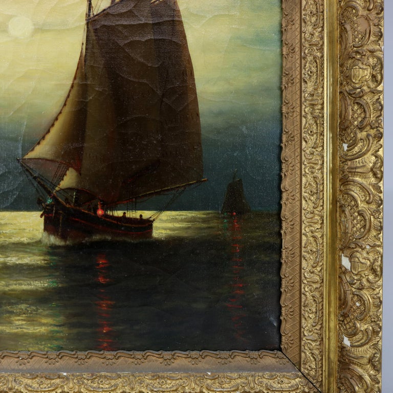 Antique Painting, Seascape with Moonlit Sailboat by Wesley Webber ...