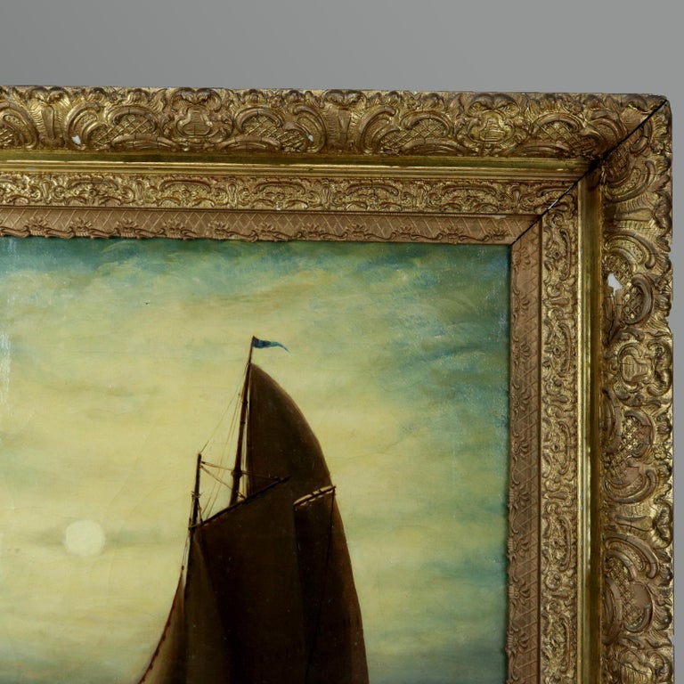 Antique Painting, Seascape with Moonlit Sailboat by Wesley Webber ...