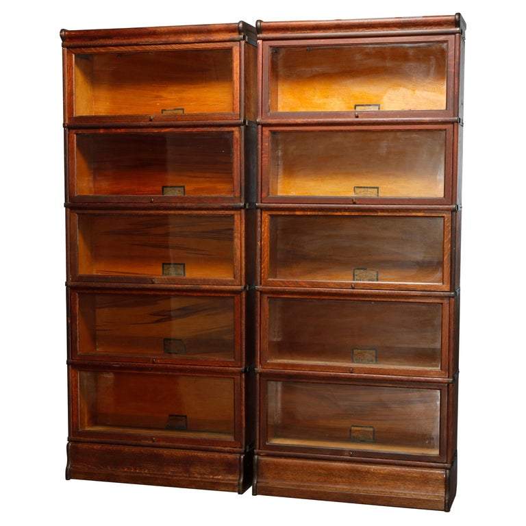 Antique Pair Arts and Crafts Globe Wernicke Oak Barrister Bookcases, c1910 at 1stDibs