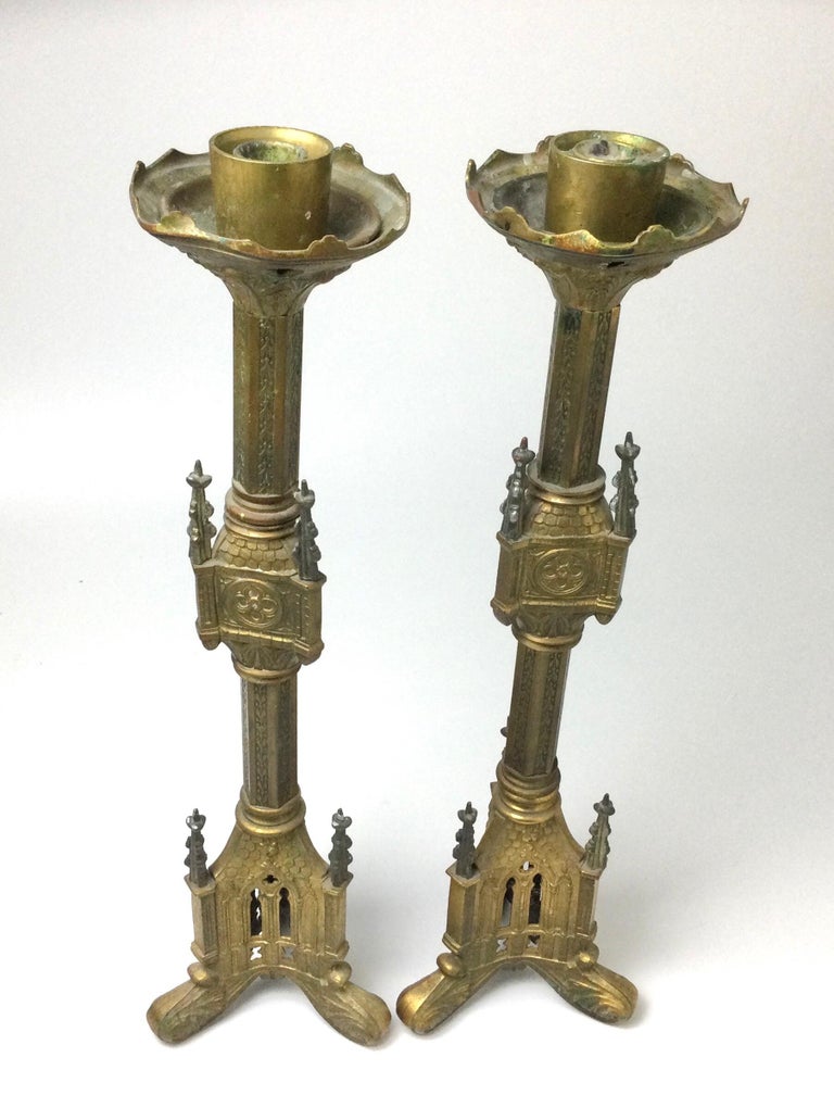 Antique Pair of Brass Gothic Church Altar Candlesticks For Sale at 1stDibs