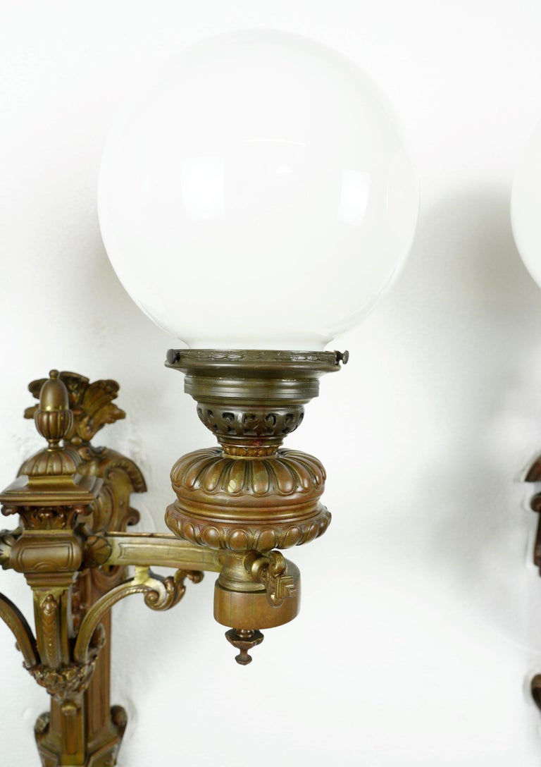 Antique Pair Bronze Sconces 2 Arm Spherical Globe Shades For Sale at ...