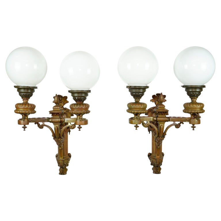 Antique Pair Bronze Sconces 2 Arm Spherical Globe Shades For Sale at ...