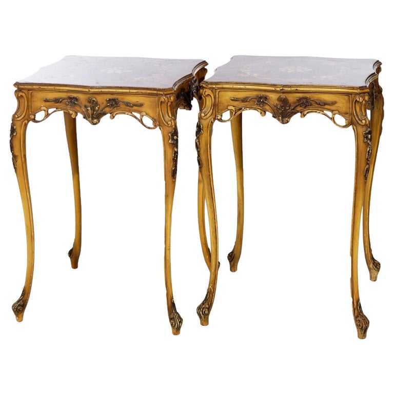 Antique Pair Carved French Style Polychrome Marquetry Inlaid Side ...