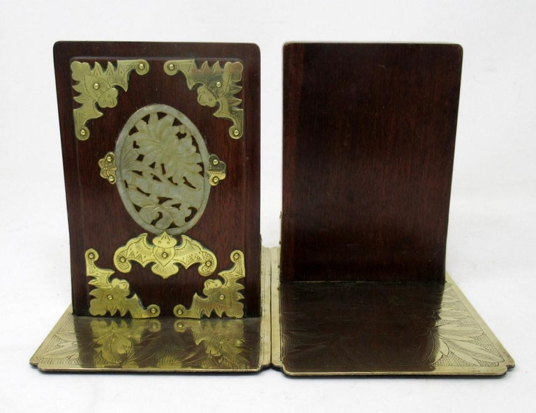 Antique Pair Chinese Hardwood Jade Brass Book Ends Holders Qing Dynasty Period For Sale at 1stDibs