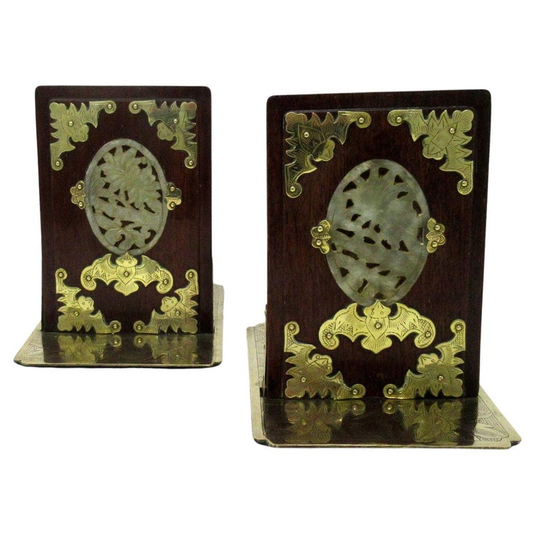 Antique Pair Chinese Hardwood Jade Brass Book Ends Holders Qing Dynasty ...