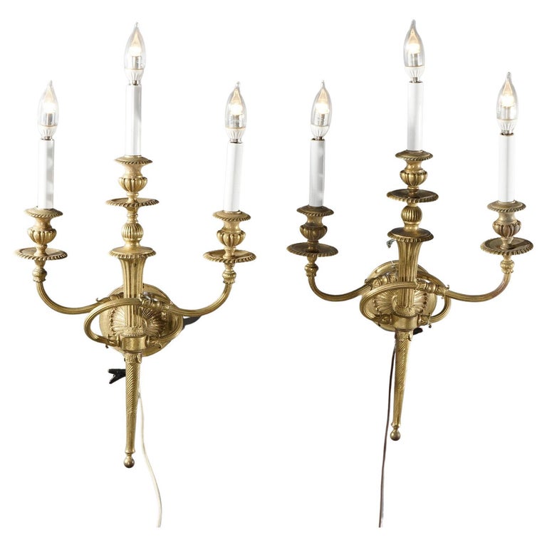 Antique Pair Classical Torchiere Gilt Bronze Three Light Wall Sconces ...