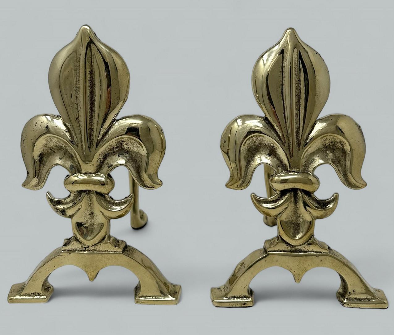 Antique Pair English Fleur de Lis Victorian Brass Fireplace Fire Dogs ...