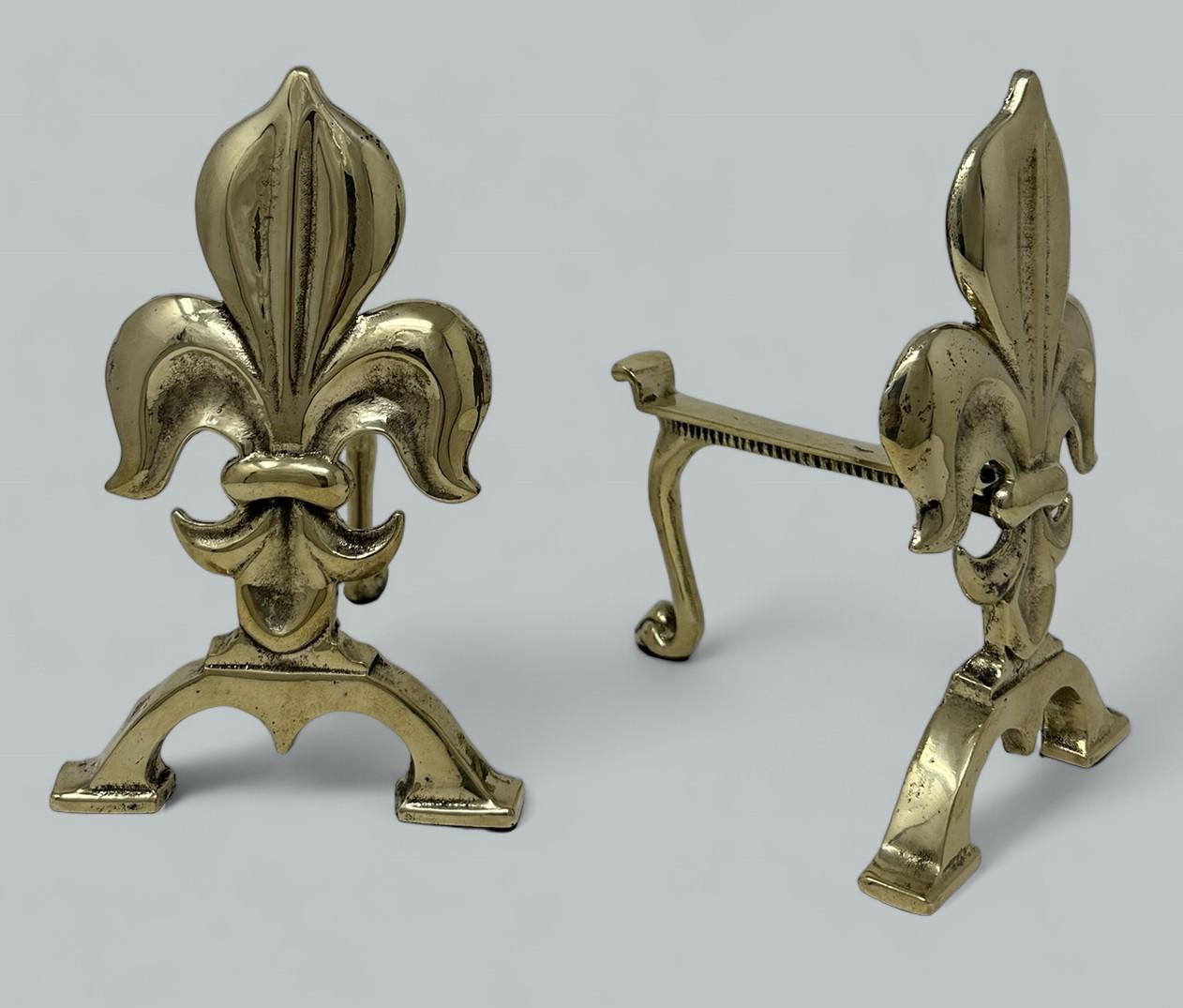 Antique Pair English Fleur de Lis Victorian Brass Fireplace Fire Dogs ...