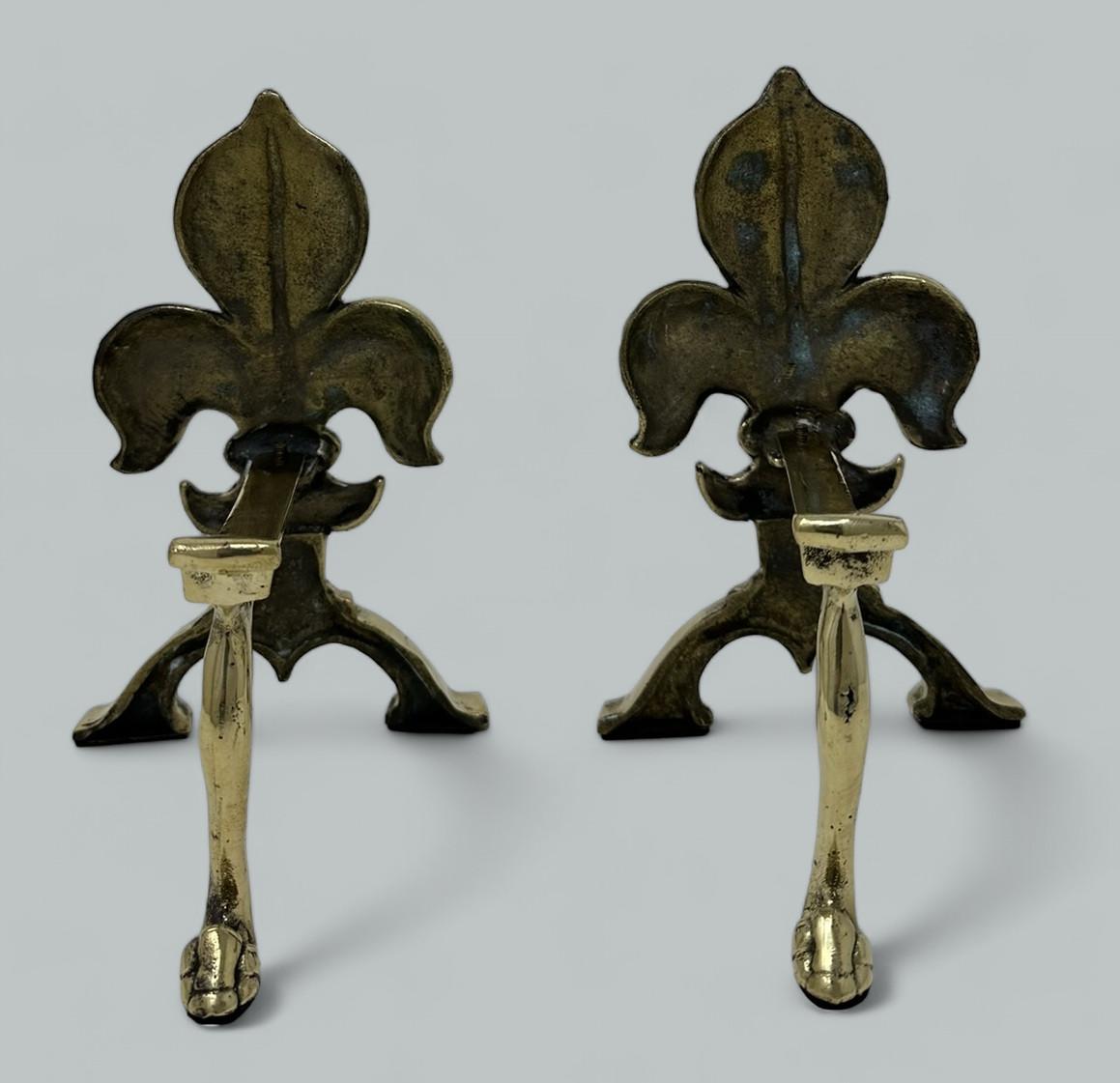 Antique Pair English Fleur de Lis Victorian Brass Fireplace Fire Dogs ...