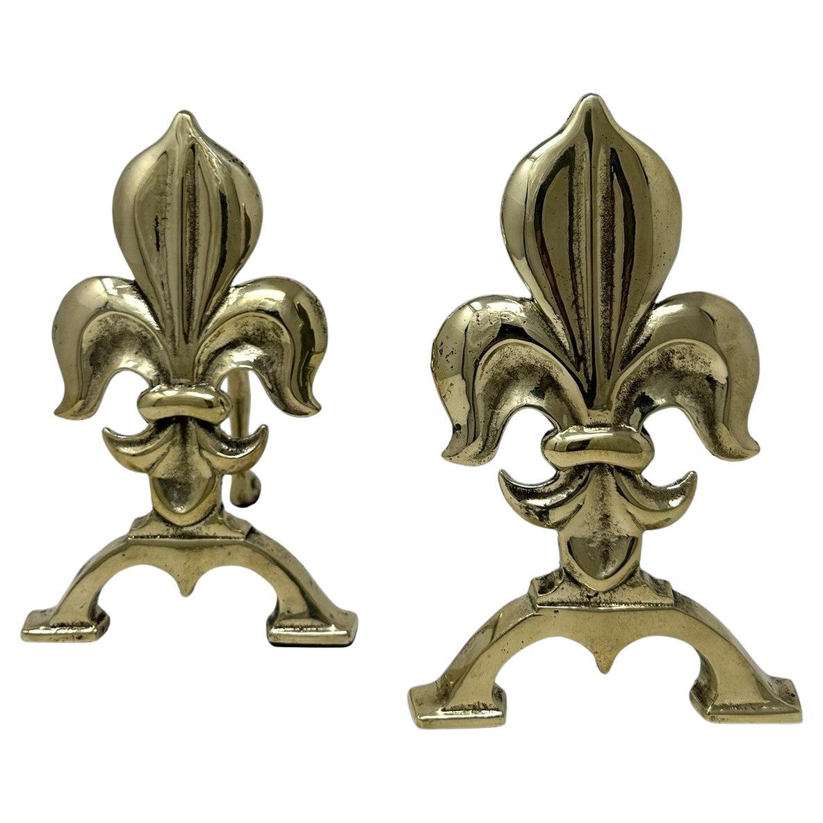Antique Pair English Fleur de Lis Victorian Brass Fireplace Fire Dogs ...