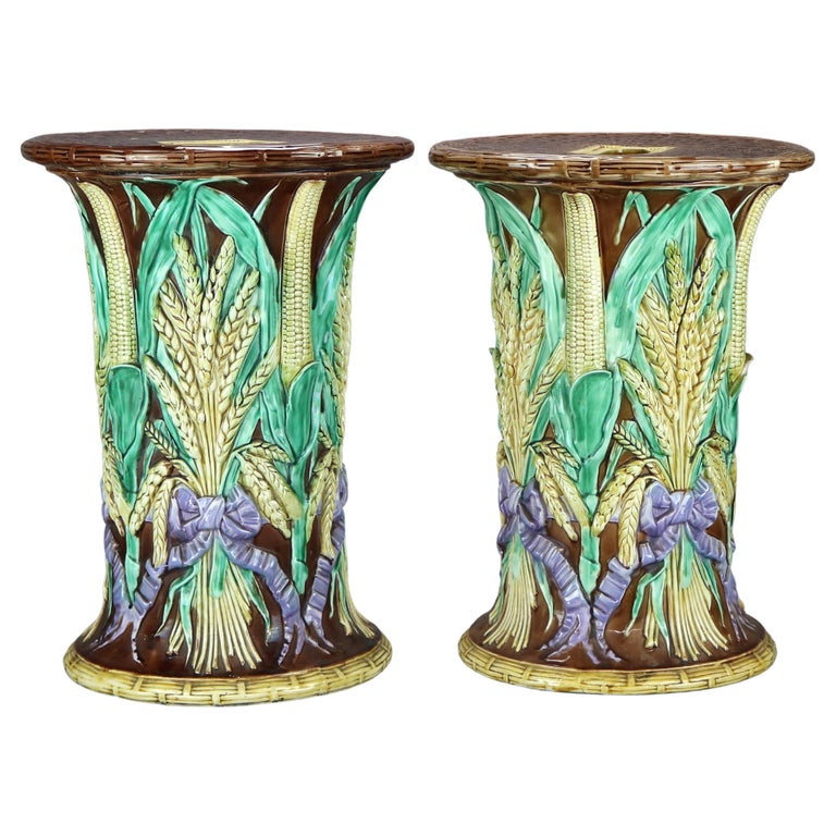 Antique Pair English Majolica Pottery John Adams Harvest Garden Seats ...