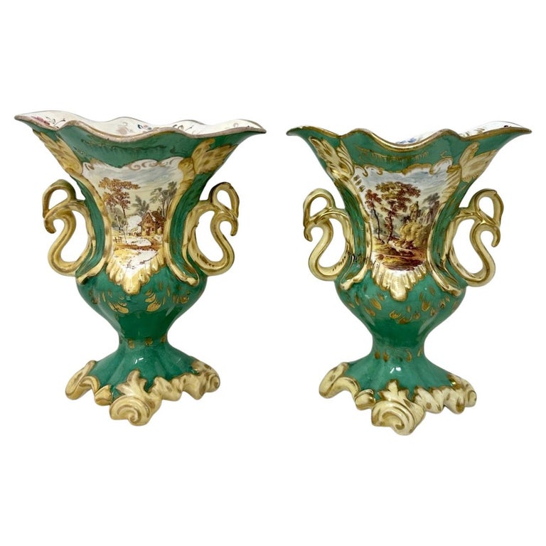 Antique Pair English Porcelain Green Samuel Alcock Vases Urns Still ...