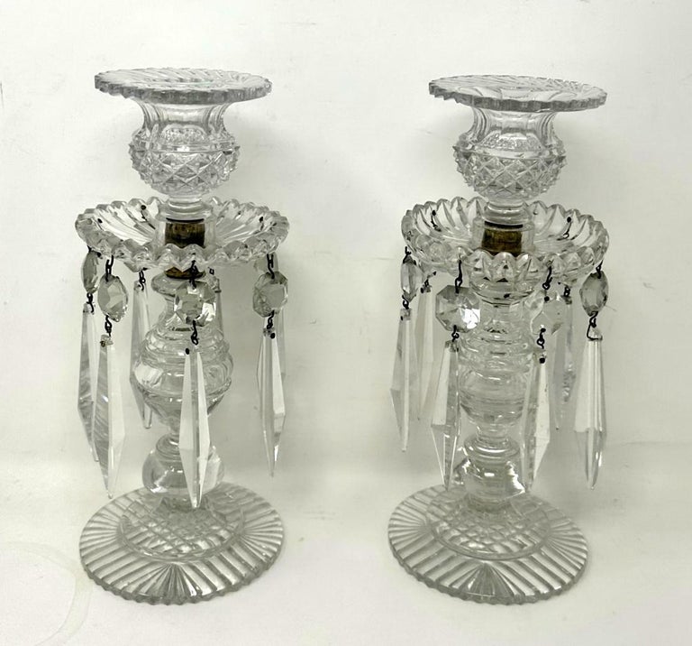 Antique Pair English Regency Candlesticks Crystal Glass Lusters Atrb ...