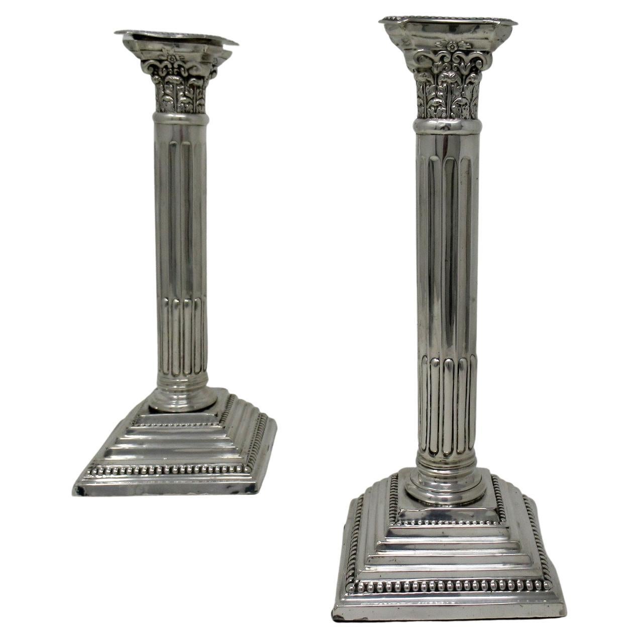 Edwardian Pair of Sterling Silver Corinthian Column Candlesticks at 1stDibs