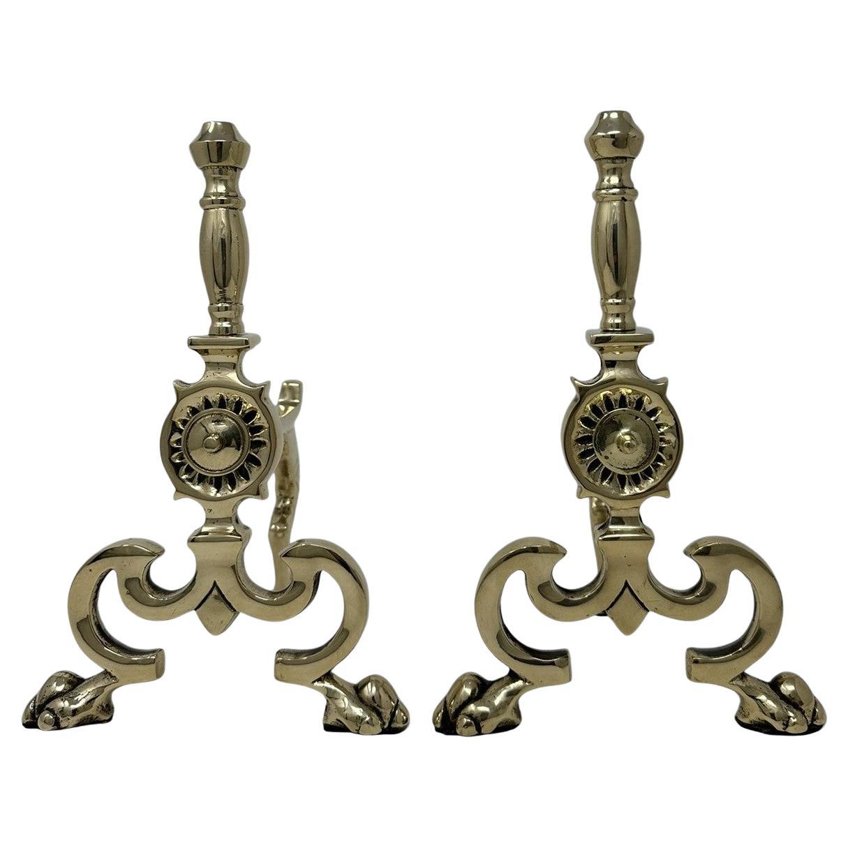 Antique Pair English Country House Victorian Brass Fireplace Fire Dogs ...