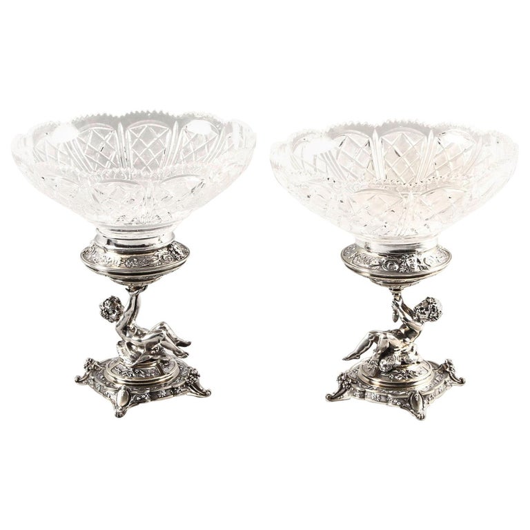 Antique Pair of English Victorian Silver Plate and Cut Glass ...