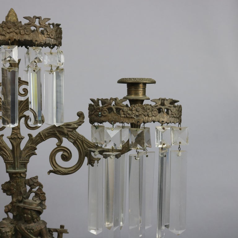 Antique Pair of Figural Brass Crystal and Marble Girandole Boy and Girl ...